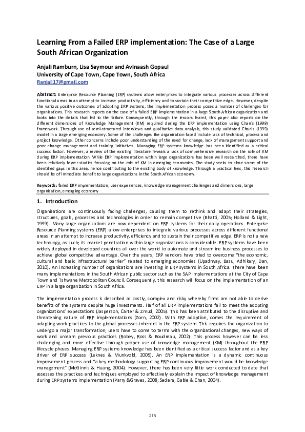 (PDF) Learning From a Failed ERP implementation: The Case of a Large South African Organization