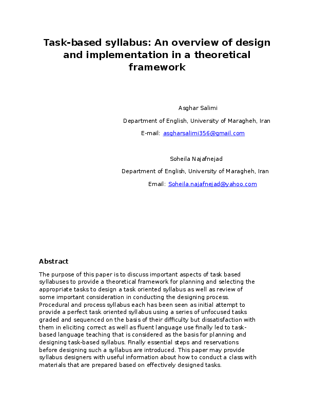 Doc Task Based Syllabus An Overview Of Design And Implementation In