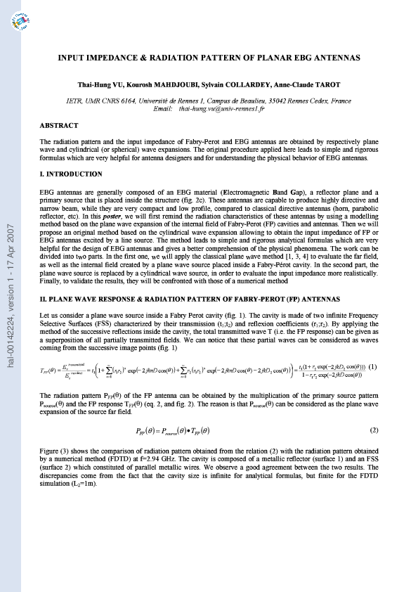 (PDF) Input Impedance & Radiation Pattern of Planar EBG Antennas