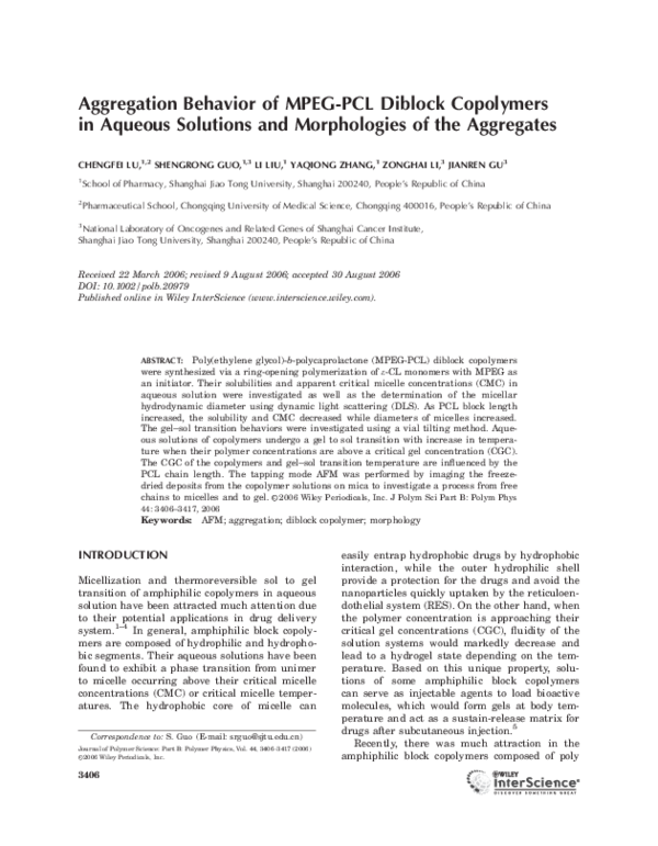 Pdf Aggregation Behavior Of Mpeg Pcl Diblock Copolymers In Aqueous Solutions And Morphologies