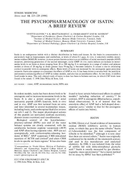 (PDF) The psychopharmacology of isatin: a brief review