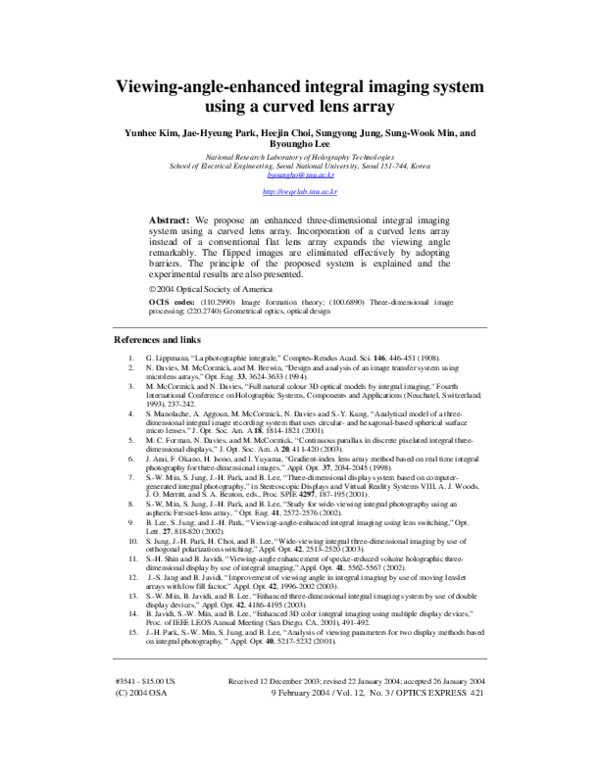(PDF) Viewing-angle-enhanced integral imaging system using a curved lens array