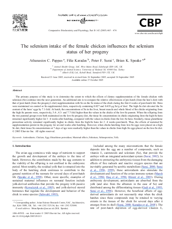 (PDF) The selenium intake of the female chicken influences the selenium ...