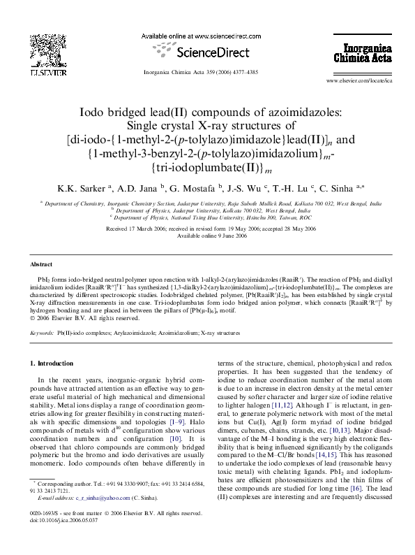 (PDF) Iodo bridged lead(II) compounds of azoimidazoles: Single crystal ...