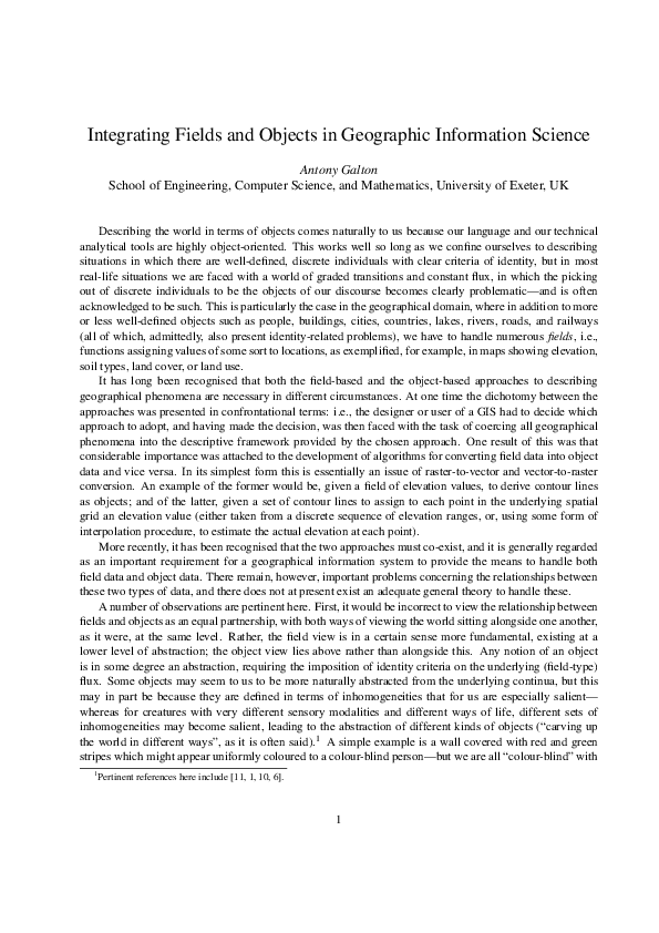 (PDF) Integrating Fields and Objects in Geographic Information Science