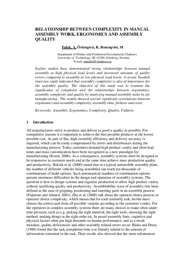 (PDF) Relationship between complexity in manual assembly work ...
