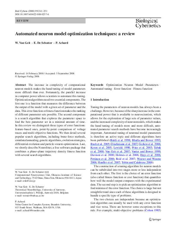 (PDF) Automated neuron model optimization techniques: a review