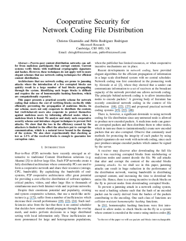 Pdf Cooperative Security For Network Coding File Distribution