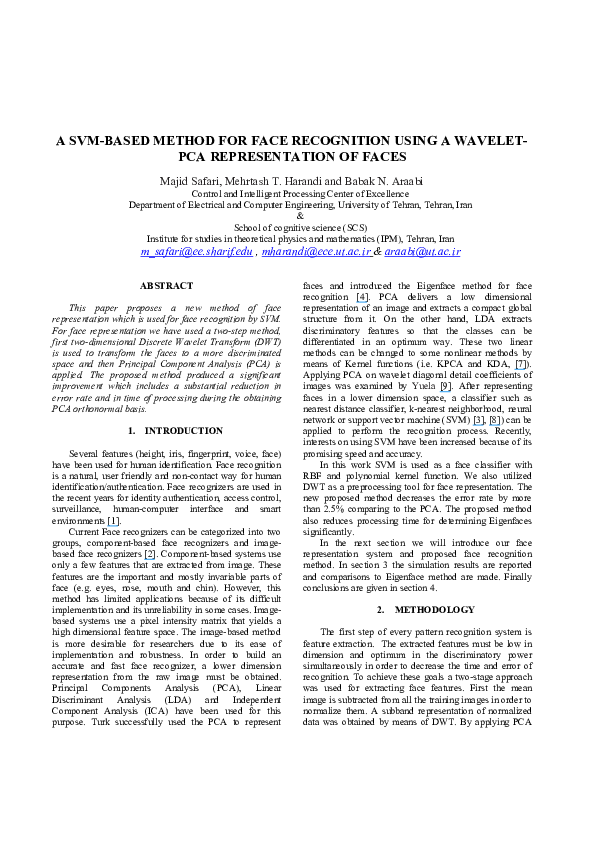 Pdf A Svm Based Method For Face Recognition Using A Wavelet Pca