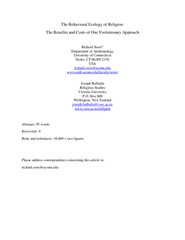 (PDF) The behavioral ecology of religion: the benefits and costs of one ...