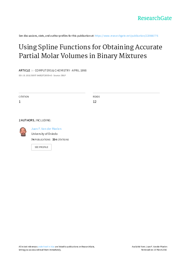 (PDF) Using Spline Functions for Obtaining Accurate Partial Molar Volumes in Binary Mixtures ...