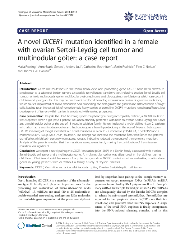 Pdf A Novel Dicer1 Mutation Identified In A Female With Ovarian