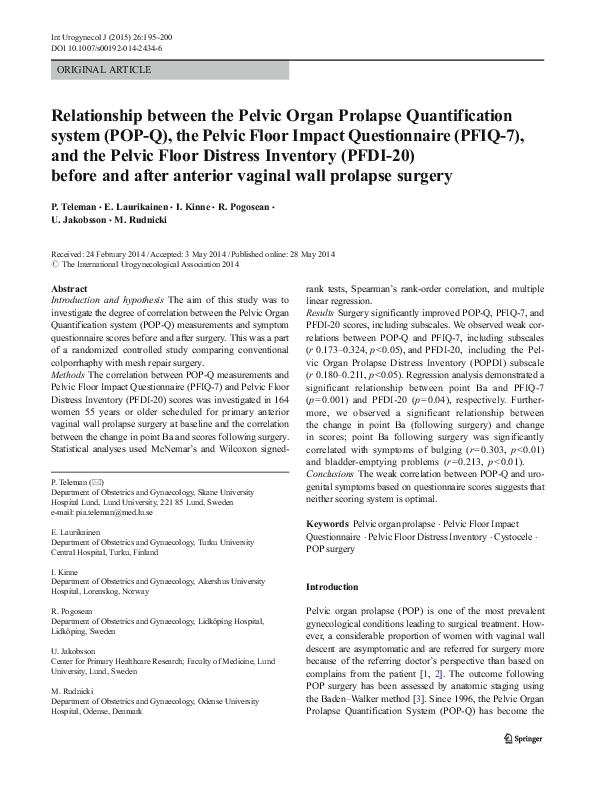 (PDF) Relationship between the Pelvic Organ Prolapse Quantification ...
