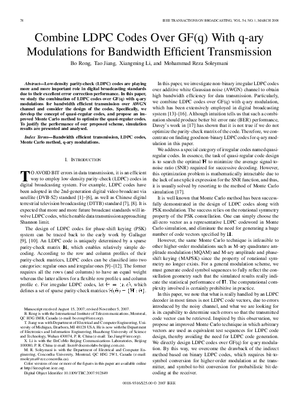 Pdf Combine Ldpc Codes Over Gfq With Q Ary Modulations For Bandwidth Efficient Transmission