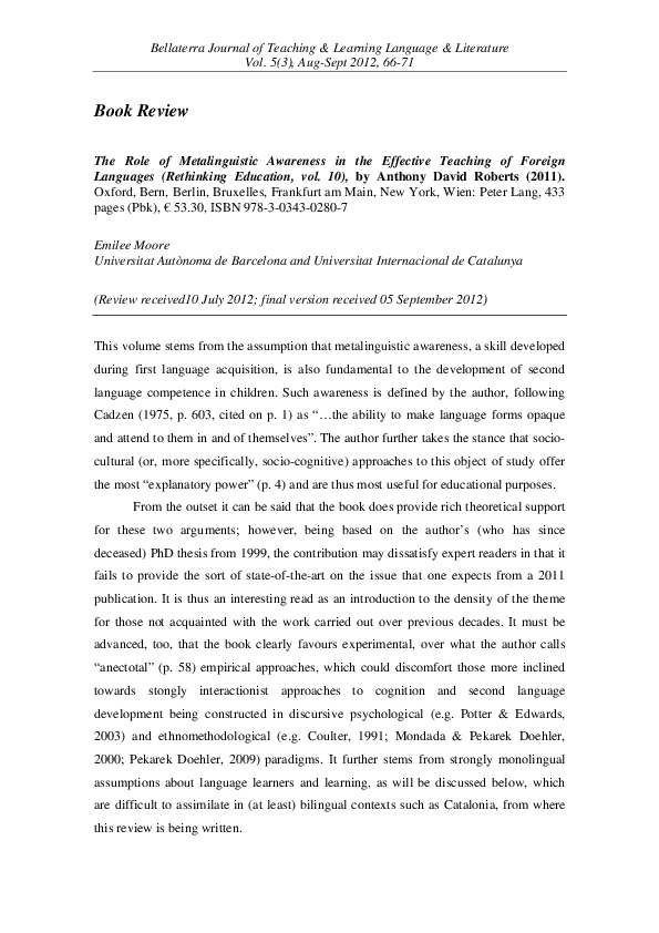Pdf The Role Of Metalinguistic Awareness In The Effective Teaching Of Foreign Languages