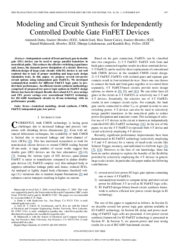 Pdf Modeling And Circuit Synthesis For Independently Controlled Double Gate Finfet Devices