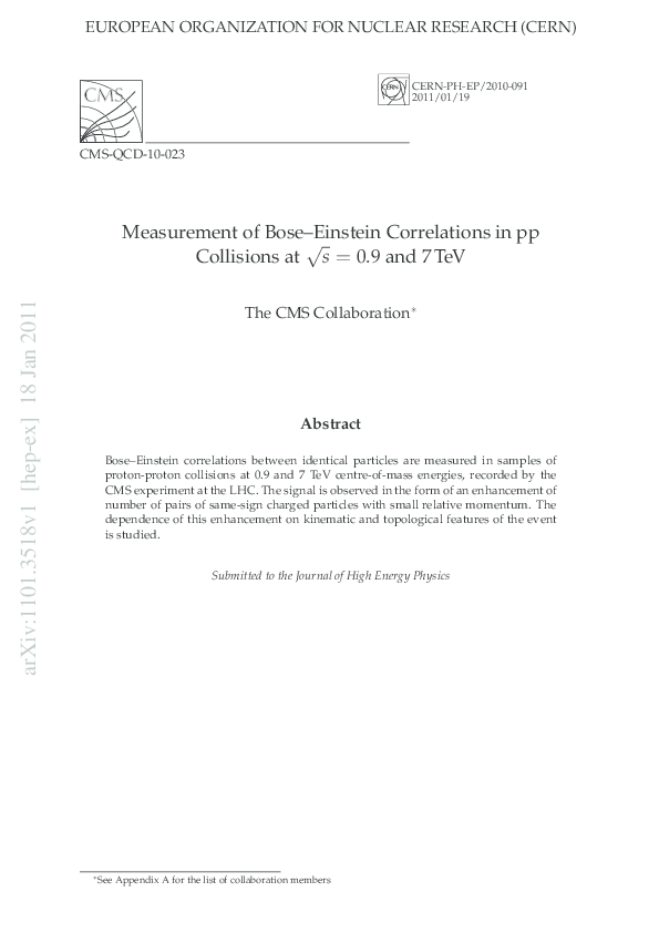 Pdf Measurement Of Bose Einstein Correlations In Pp Collisions At And 7 Tev