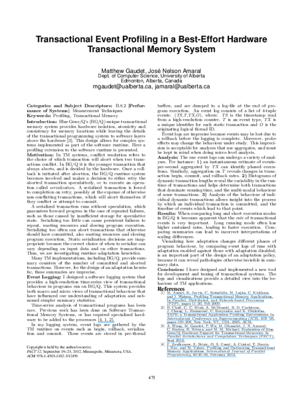 Pdf Transactional Event Profiling In A Best Effort Hardware Transactional Memory System