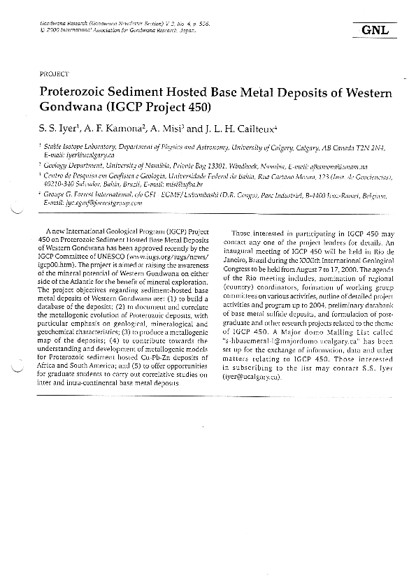 (PDF) Proterozoic Sediment Hosted Base Metal Deposits of Western Gondwana (IGCP Project 450