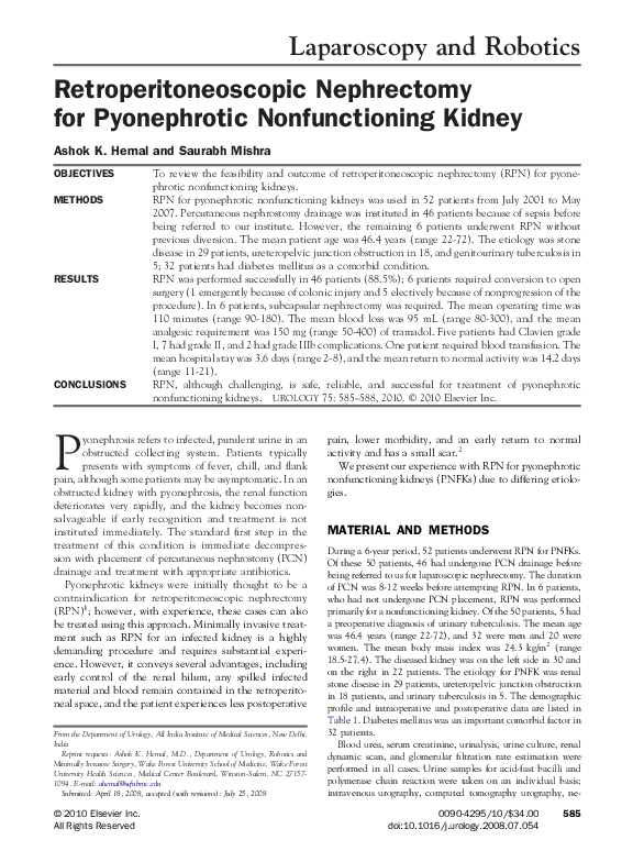 (PDF) Retroperitoneoscopic Nephrectomy for Pyonephrotic Nonfunctioning Kidney