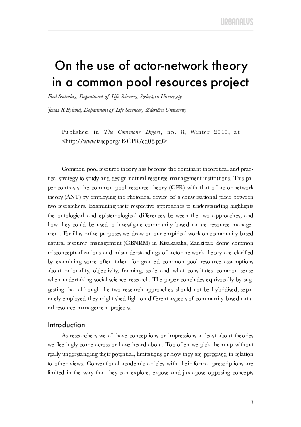 (PDF) On the Use of Actor-Network Theory in a Common Pool Resources Project