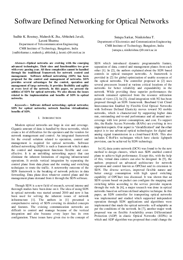 Pdf Software Defined Networking For Optical Networks