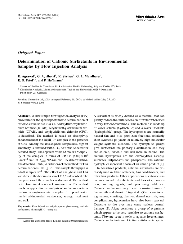 Pdf Determination Of Cationic Surfactants In Environmental Samples By Flow Injection Analysis