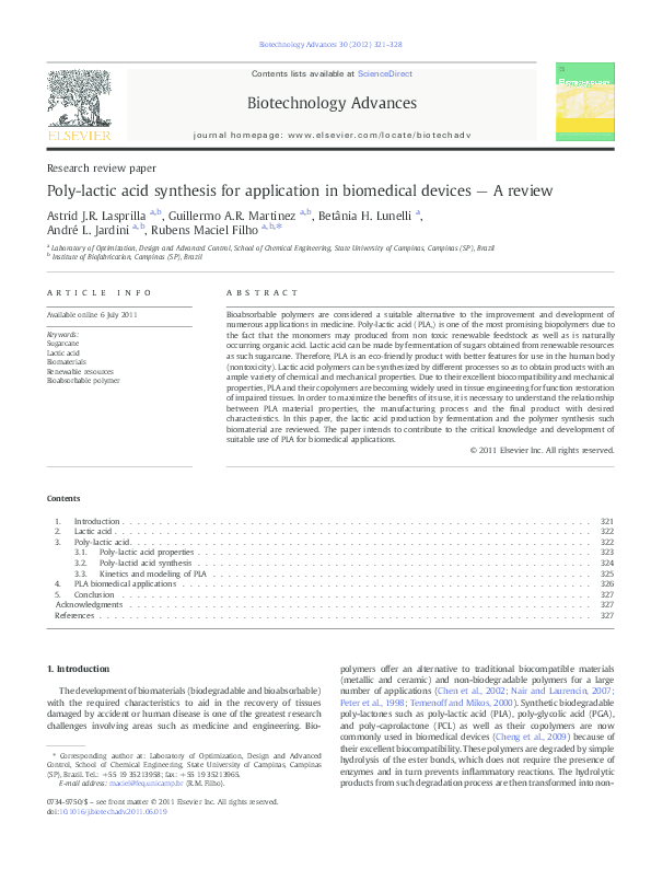 (PDF) Poly-lactic acid synthesis for application in biomedical devices ...