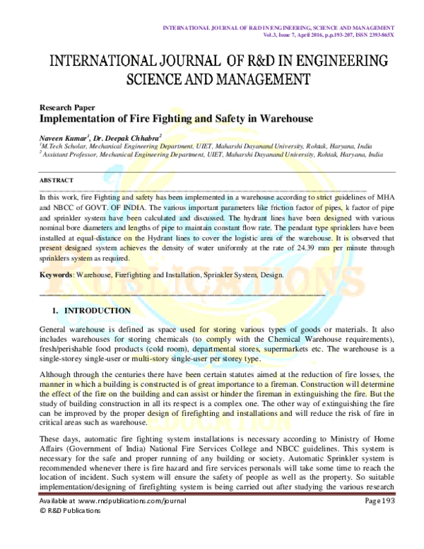 (PDF) Implementation of Fire Fighting and Safety in Warehouse