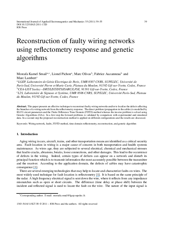 Pdf Reconstruction Of Faulty Wiring Networks Using Reflectometry Response And Genetic Algorithms