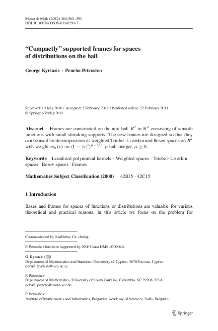 (PDF) “Compactly” supported frames for spaces of distributions on the ball