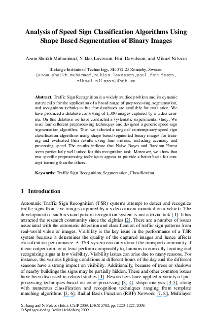 Pdf Analysis Of Speed Sign Classification Algorithms Using Shape Based Segmentation Of Binary
