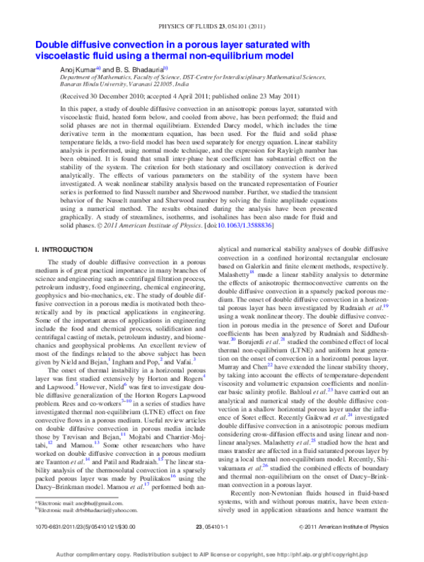 Pdf Double Diffusive Convection In A Porous Layer Saturated With Viscoelastic Fluid Using A