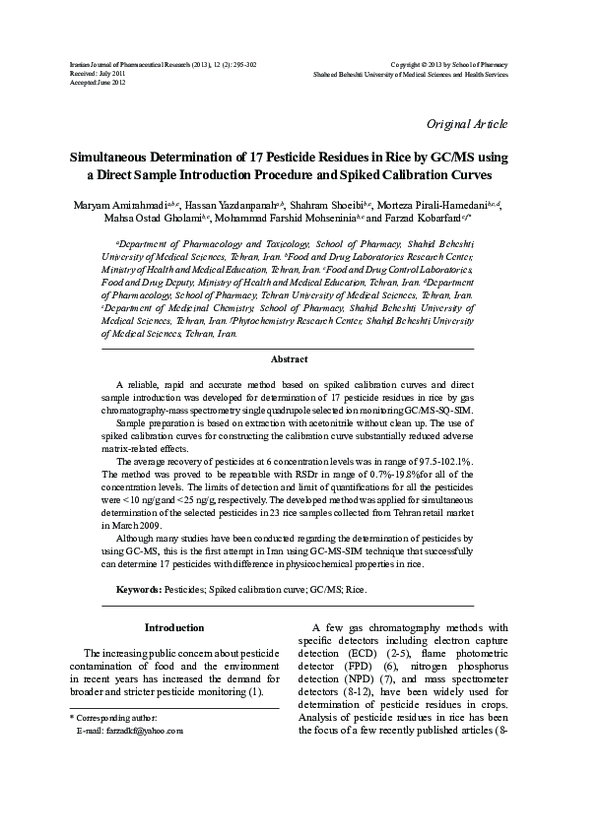 (PDF) Simultaneous Determination of 17 Pesticide Residues in Rice by GC/MS using a Direct Sample ...