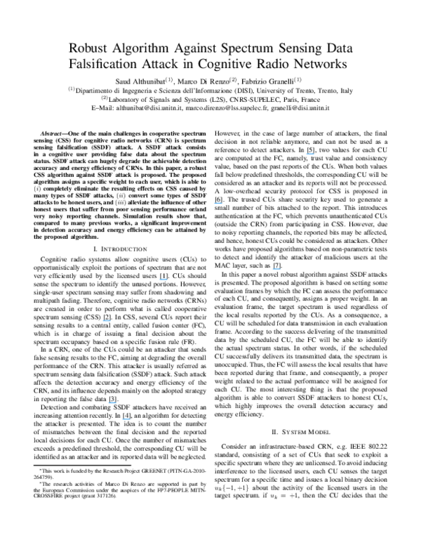 Pdf Robust Algorithm Against Spectrum Sensing Data Falsification Attack In Cognitive Radio