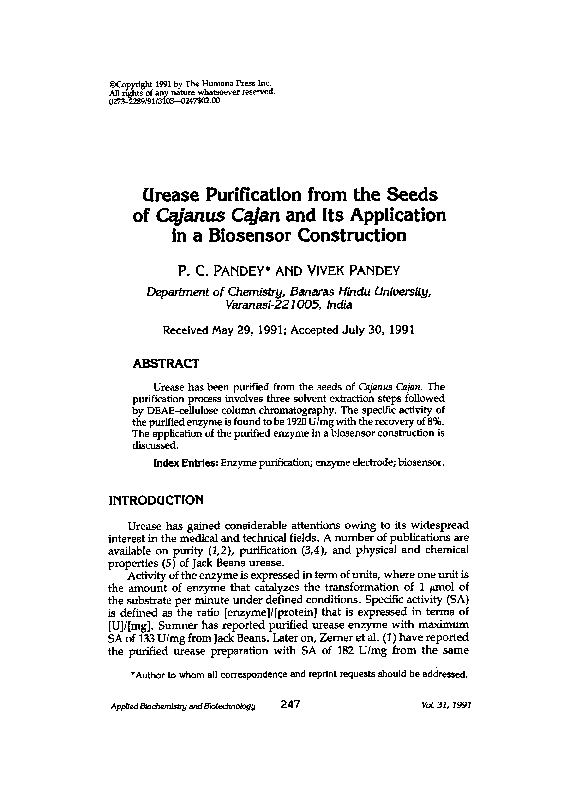 (PDF) Urease purification from the seeds of Cajanus Cajan and its ...