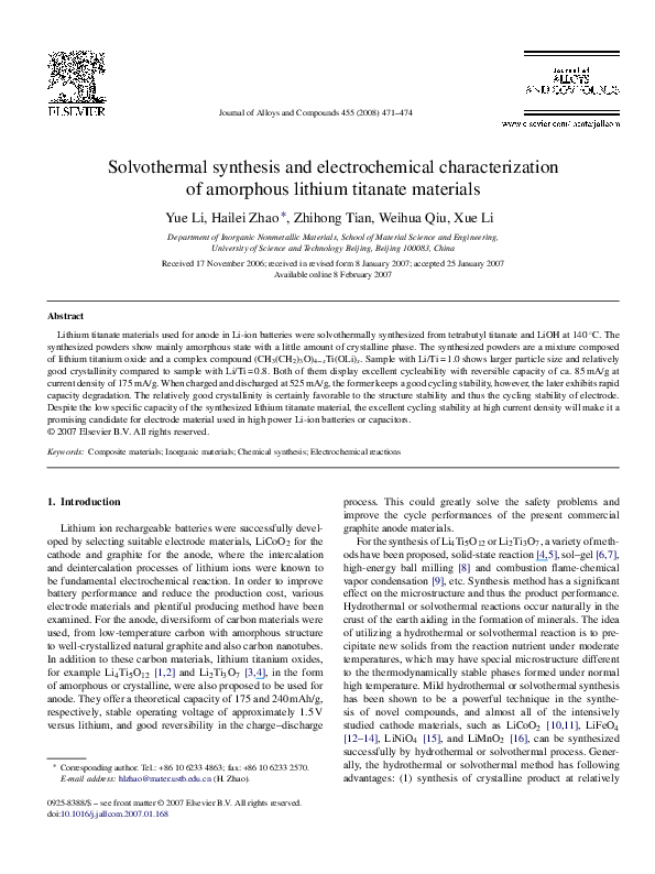 (PDF) Solvothermal synthesis and electrochemical characterization of ...