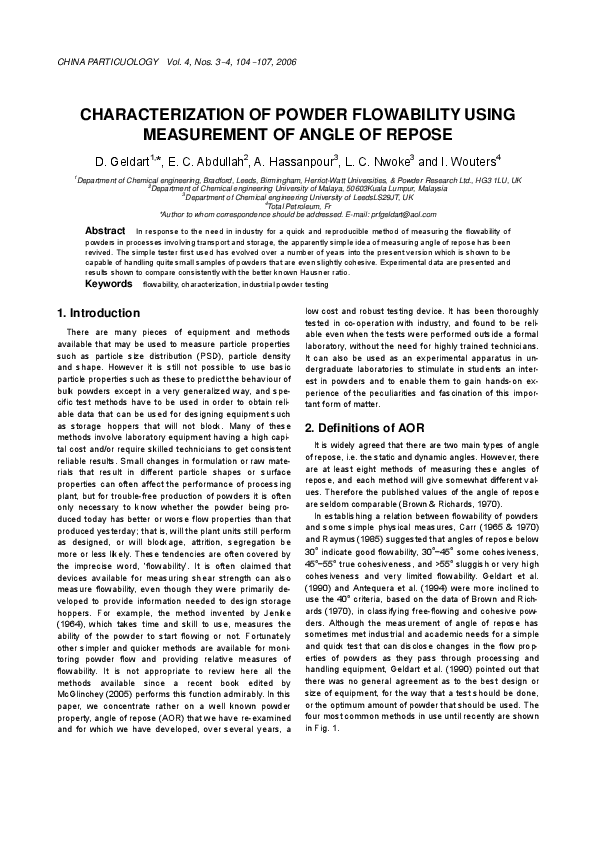 (PDF) Characterization of powder flowability using measurement of angle of repose