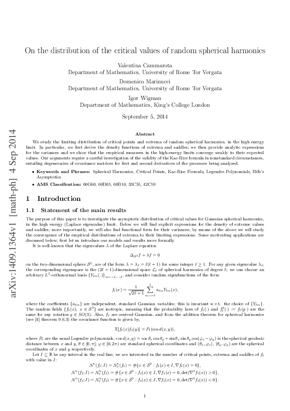 (PDF) On the distribution of the critical values of random spherical harmonics