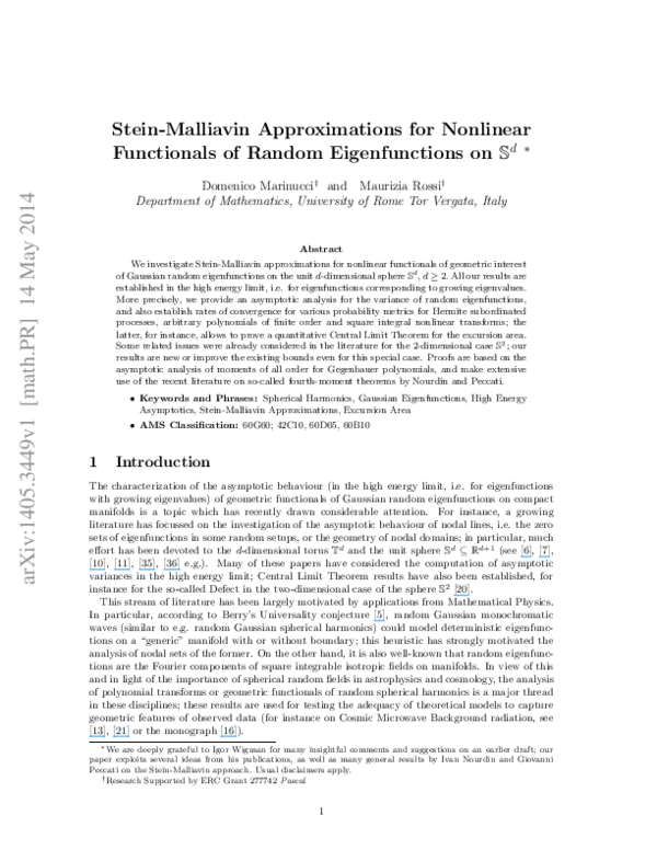 (PDF) Stein-Malliavin Approximations for Nonlinear Functionals of Random Eigenfunctions on ...