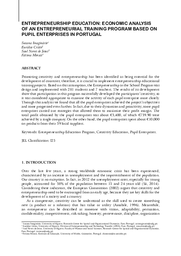 (PDF) ENTREPRENEURSHIP EDUCATION: ECONOMIC ANALYSIS OF AN ...