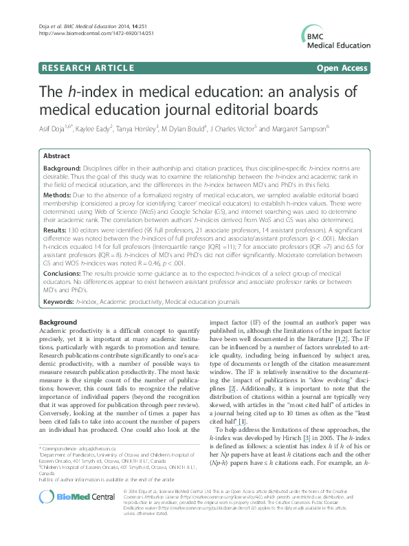 (PDF) The h-index in medical education: an analysis of medical ...