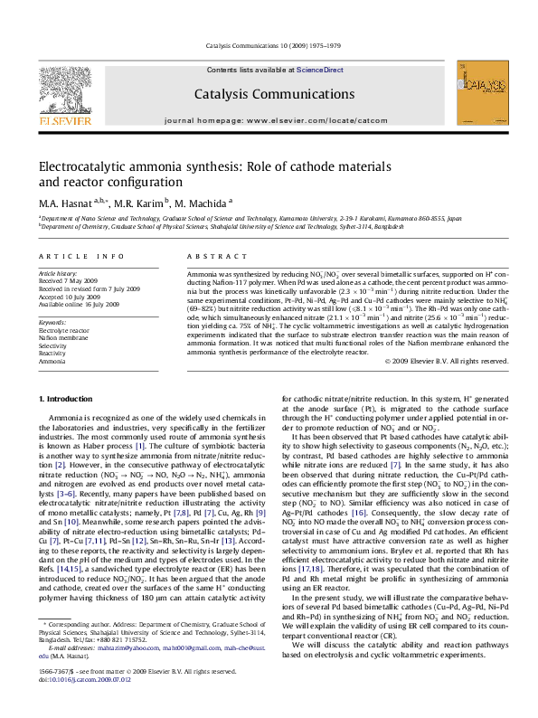 (PDF) Electrocatalytic ammonia synthesis: Role of cathode materials and ...