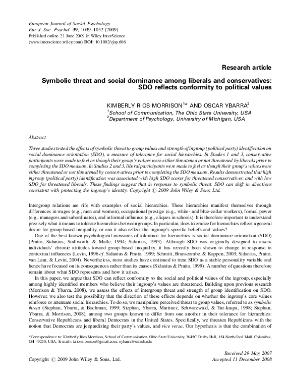 (PDF) Symbolic threat and social dominance among liberals and ...