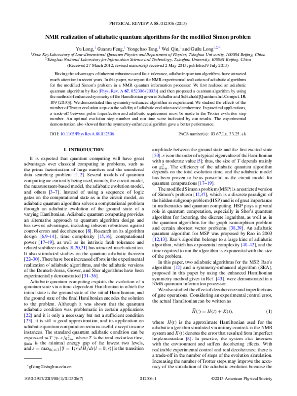 (PDF) NMR realization of adiabatic quantum algorithms for the modified Simon problem