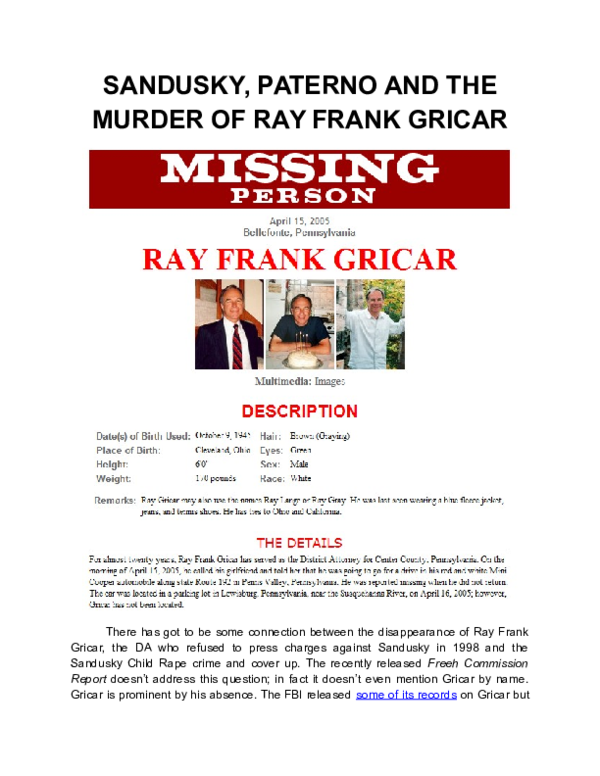 (DOC) SANDUSKY, PATERNO AND THE MURDER OF RAY FRANK GRICAR