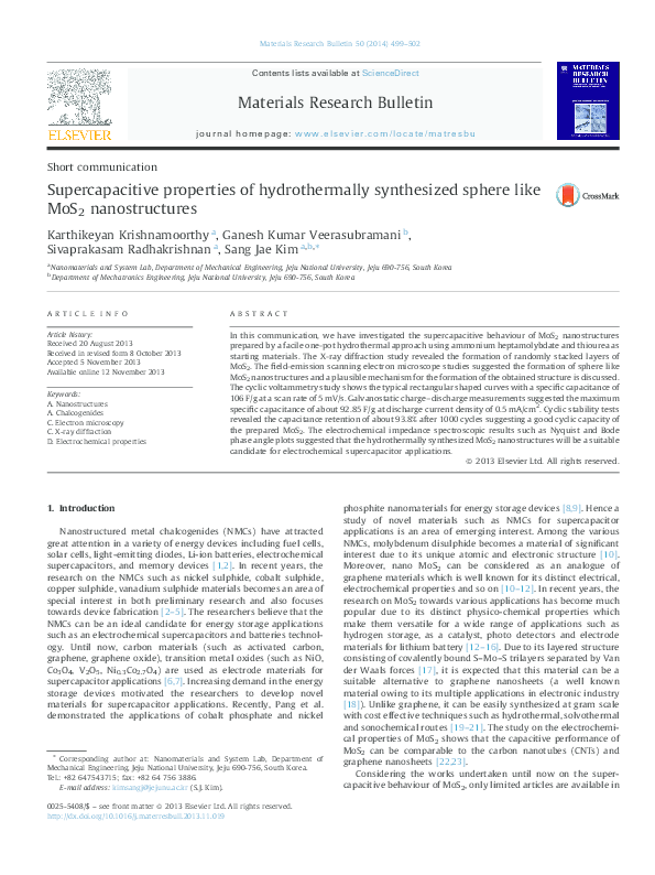 Pdf Supercapacitive Properties Of Hydrothermally Synthesized Sphere Like Mos2 Nanostructures