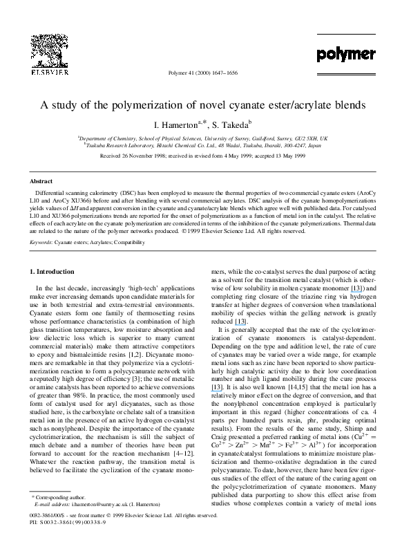 (PDF) A study of the polymerization of novel cyanate ester/acrylate blends