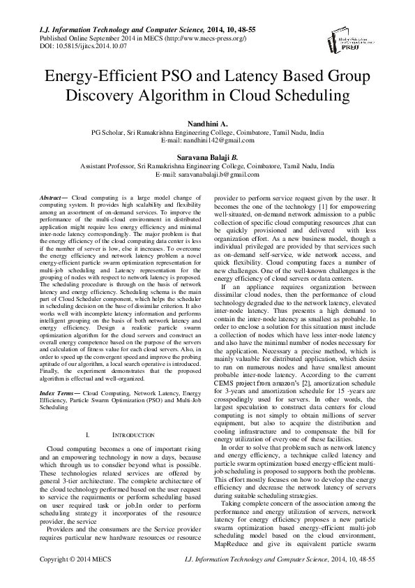 Pdf Energy Efficient Pso And Latency Based Group Discovery Algorithm In Cloud Scheduling