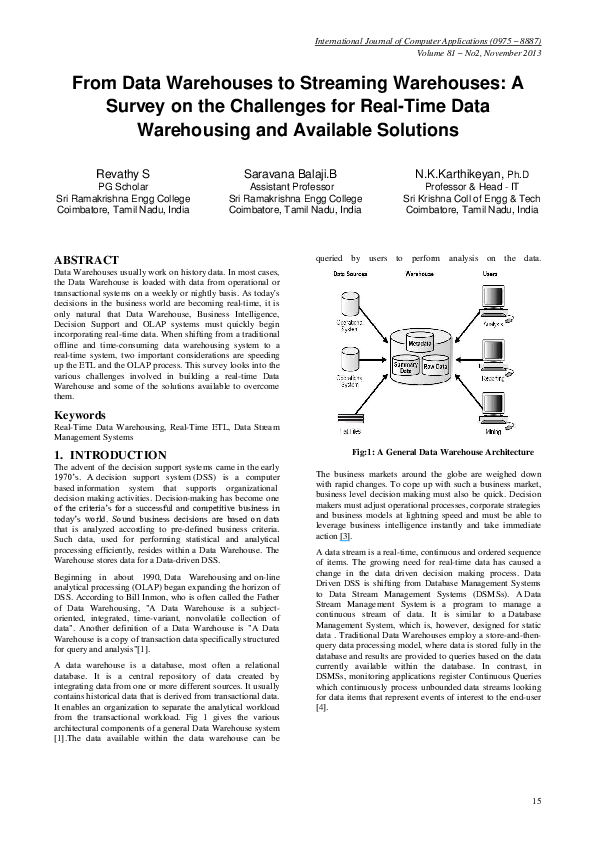 (PDF) From Data Warehouses to Streaming Warehouses: A Survey on the Challenges for Real-Time ...